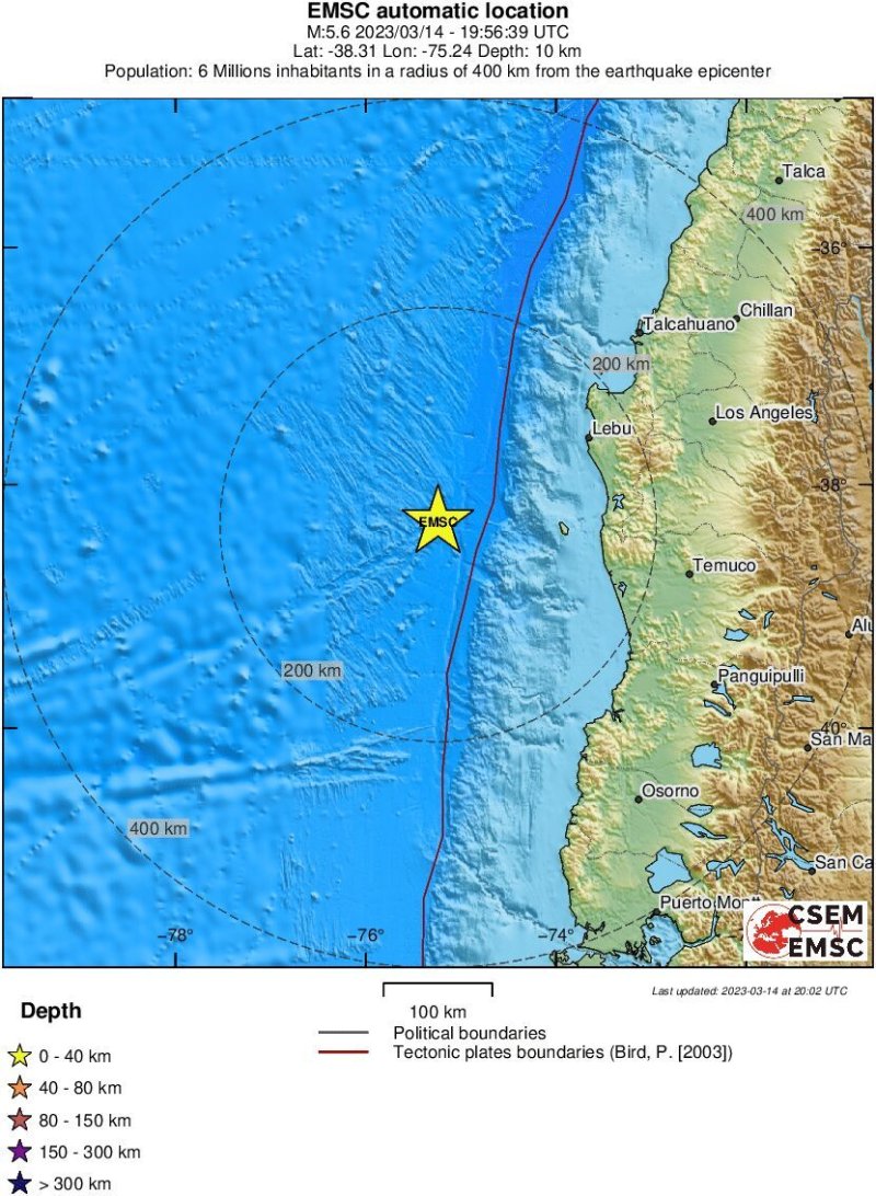 칠레 아라우카니아 해안 인근서 규모 5.6 지진 -EMSC - 파이낸셜뉴스