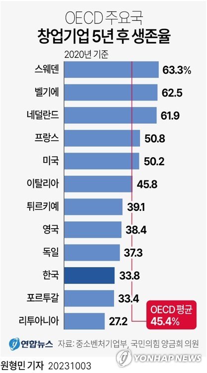 "국내 창업기업 5년 후 생존율 34%…OECD 평균보다 한참 낮아" - 파이낸셜뉴스