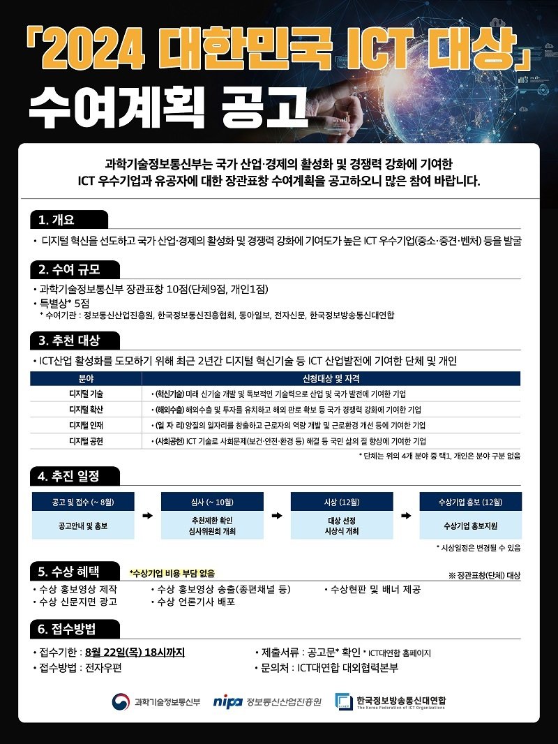 과학기술정보통신부, 2024년도 대한민국 ICT 대상 공고 - 파이낸셜뉴스