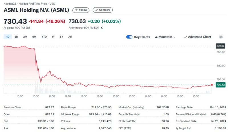 ASML 중국 매출 감소로 실적 전망 하향, 16% 폭락(상보) - 파이낸셜뉴스